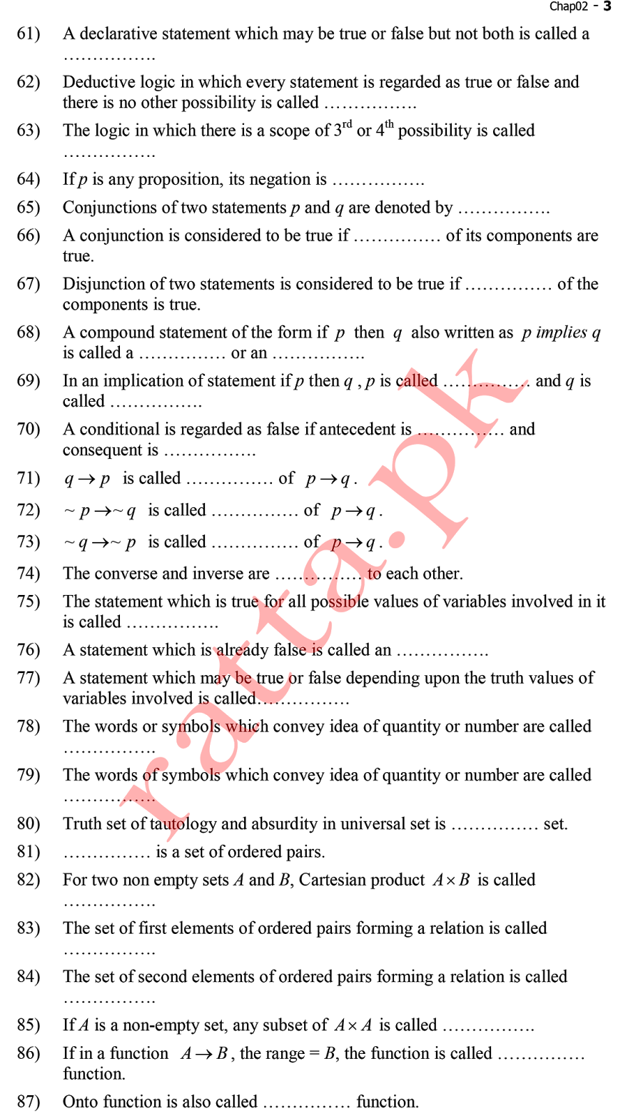 FSc/ICS 1st Year Maths Chapter 2 Sets, Functions & Groups Objective ...