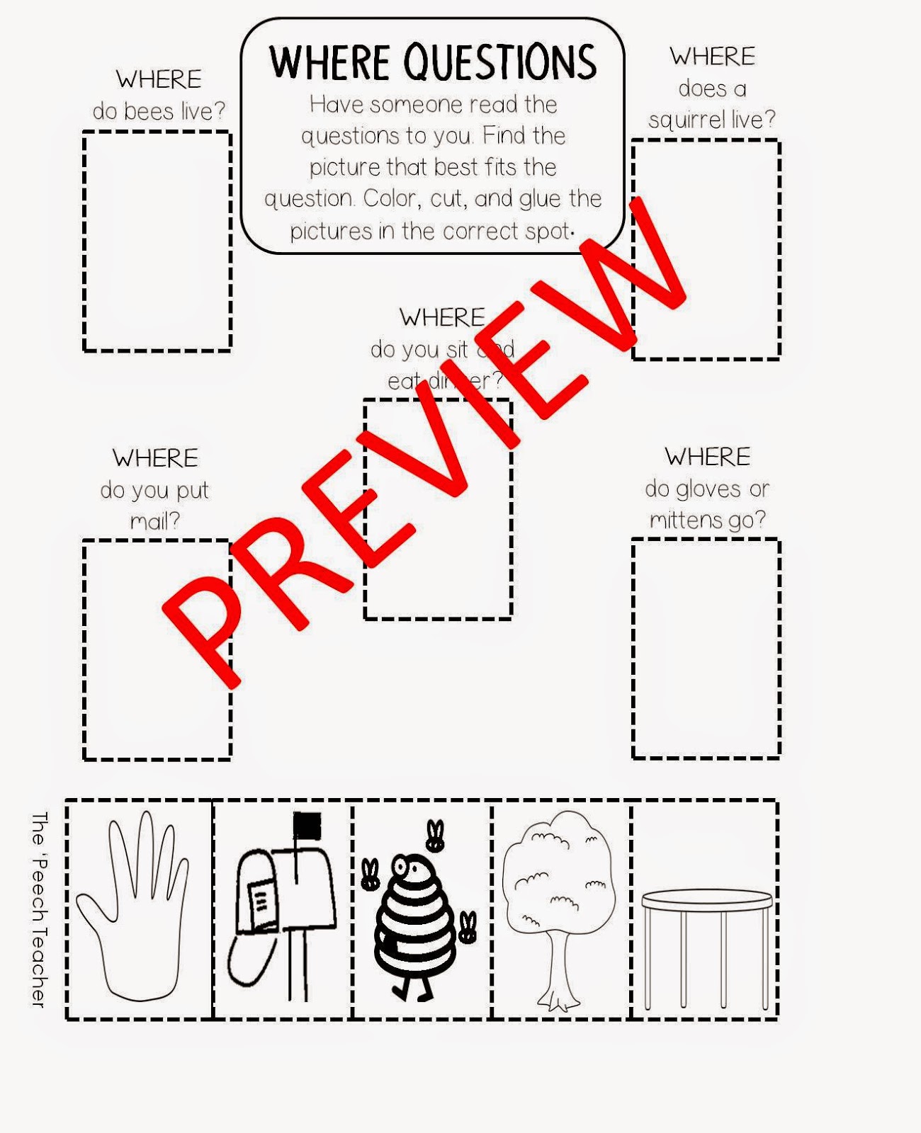 The 'Peech Teacher: Color, Cut, and Glue Wh- question Packet
