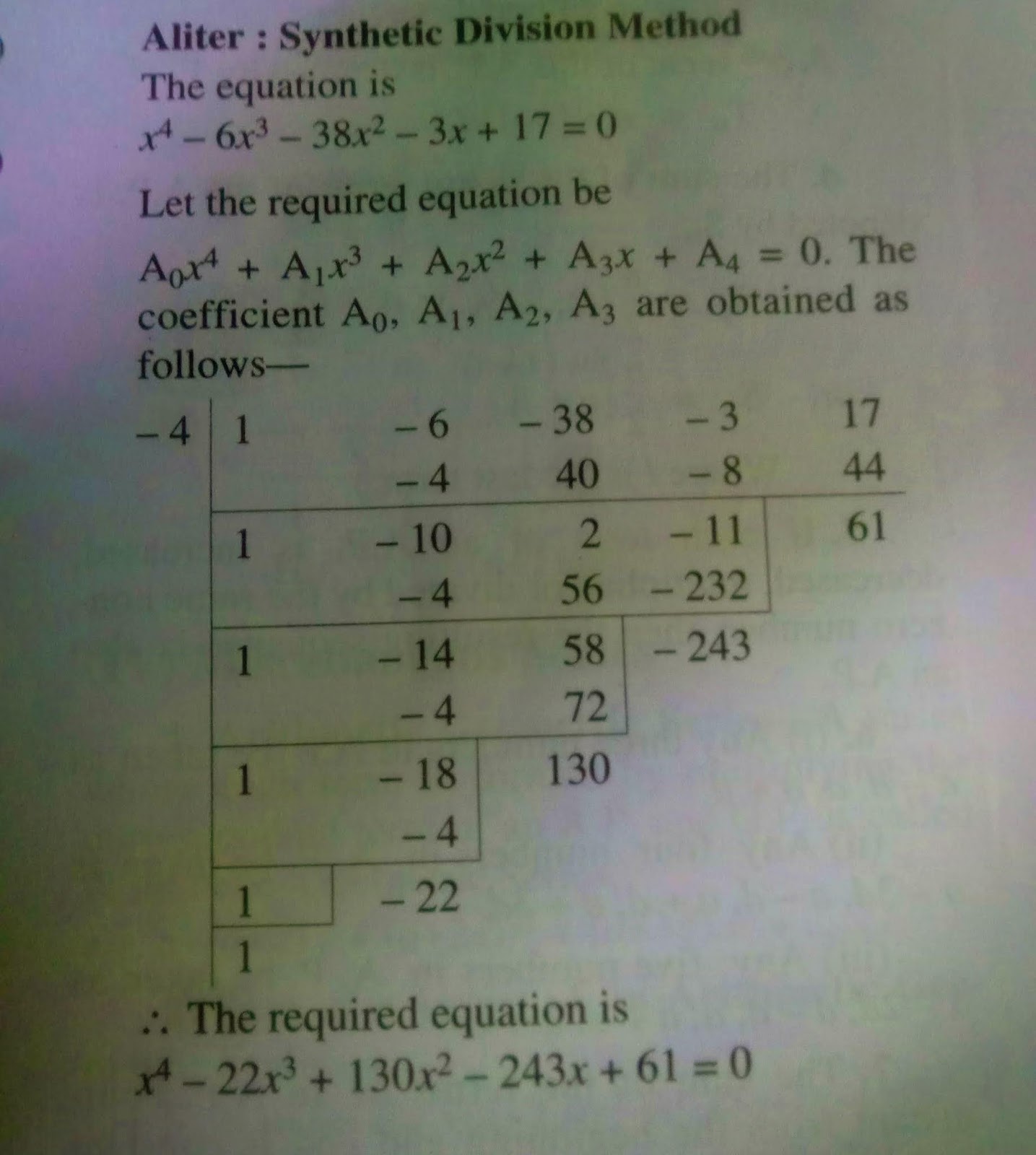 TRANSFORMATION OF EQUATION synthetic division method