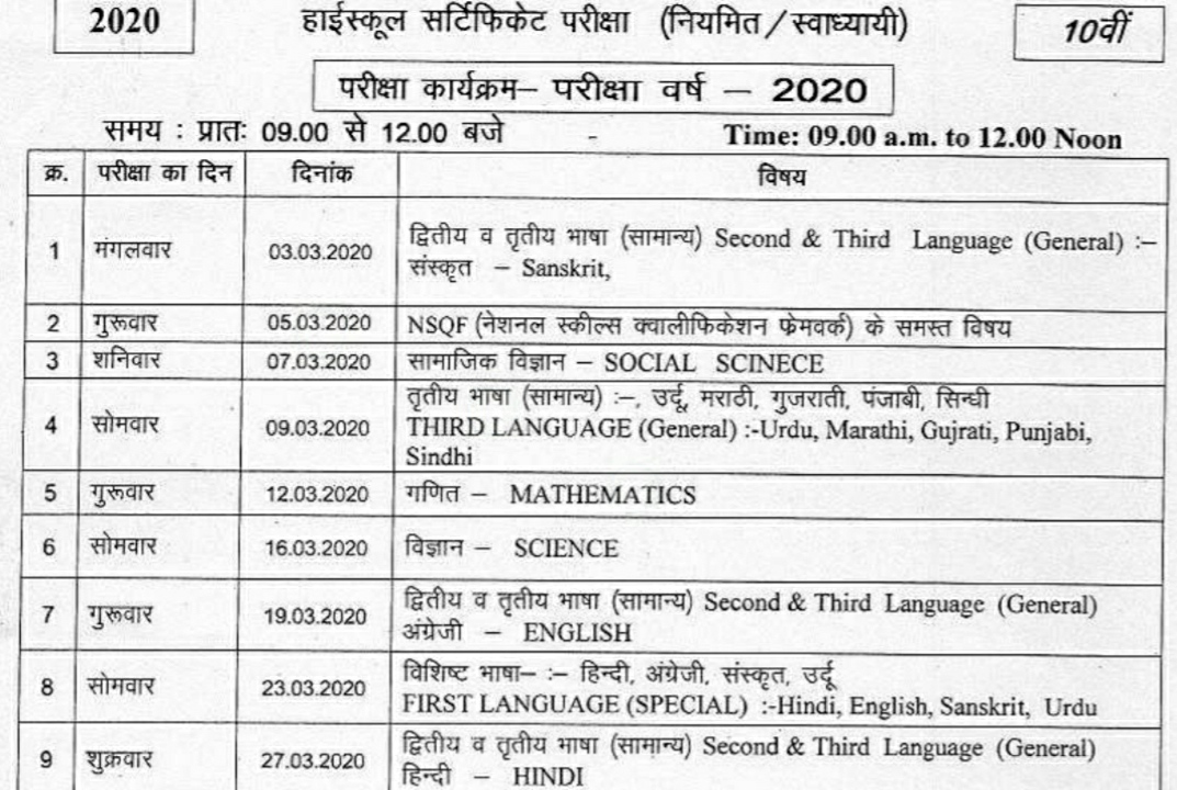 म. प्र. 10वीं 12 वीं टाइम टेबल 2020, MP Board Time Table 2020, MP 10th ...