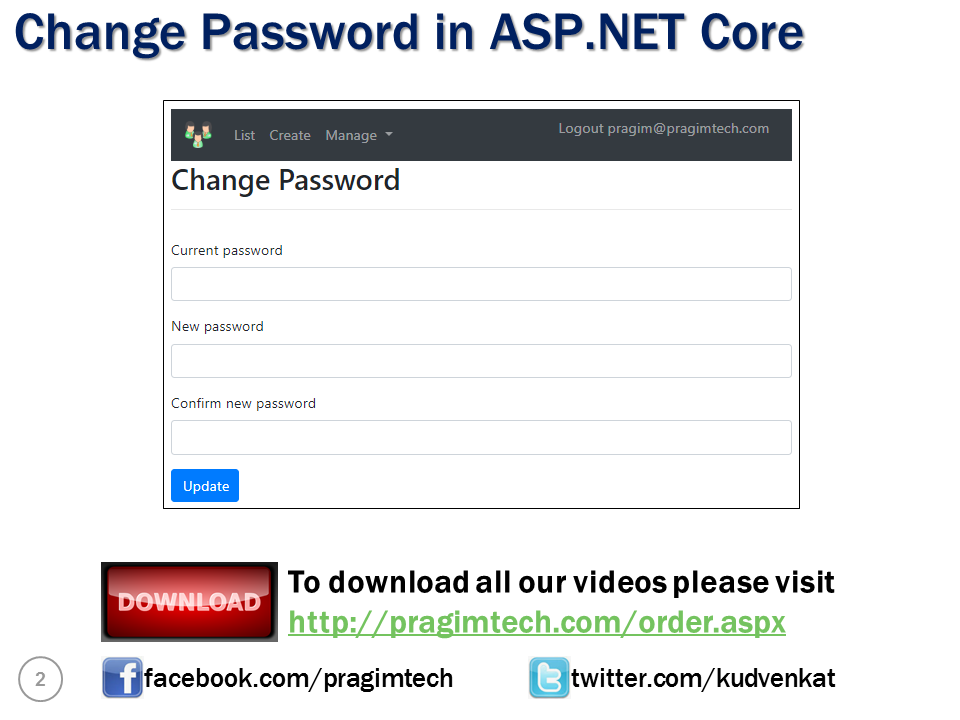 Sql server, .net and c# video tutorial: Change password in asp.net core - Slides