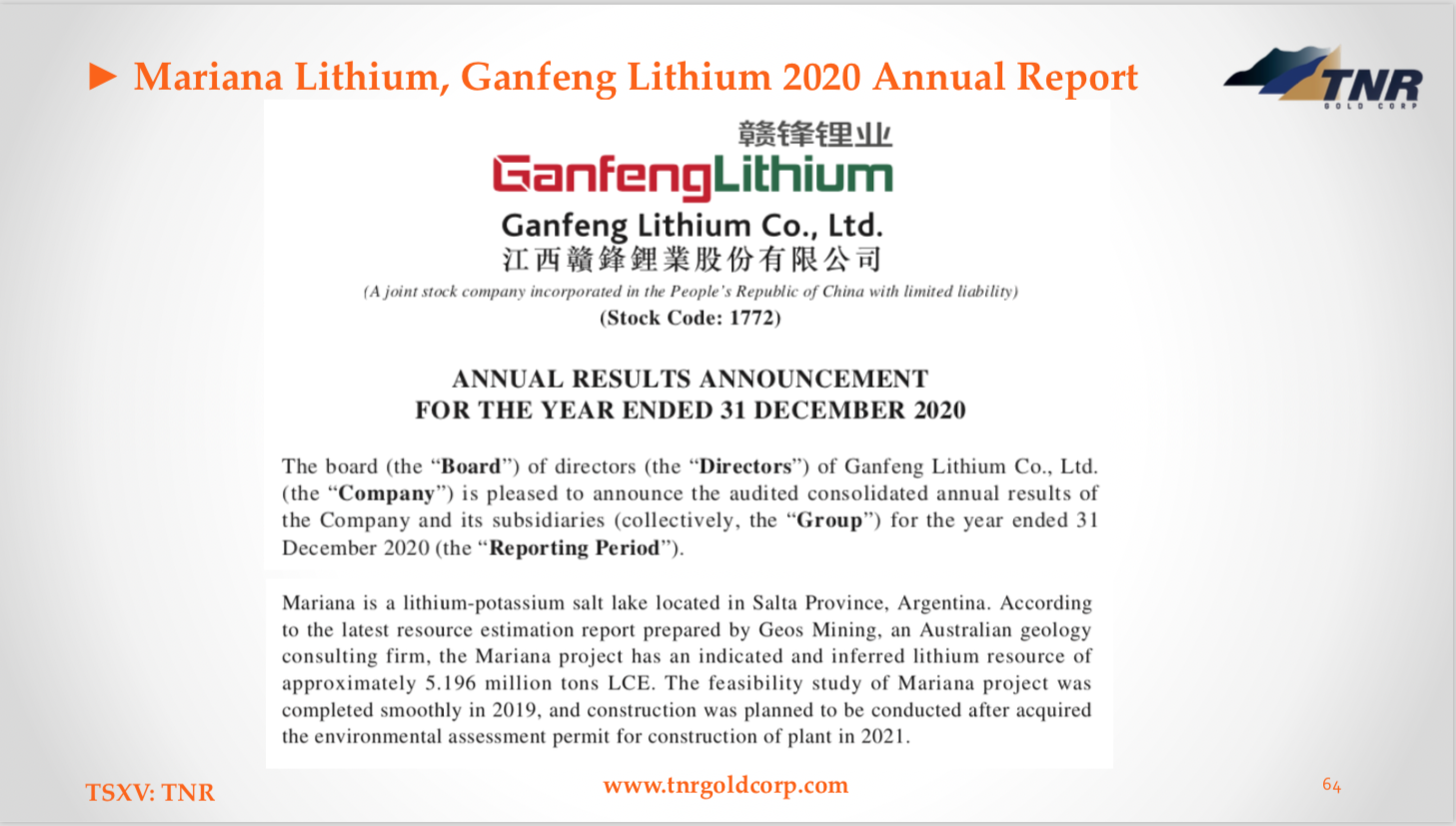 Kirill Klip: TNR Gold Lithium Royalty Holding: Ganfeng Increases Stake In Mariana Lithium Closer ...