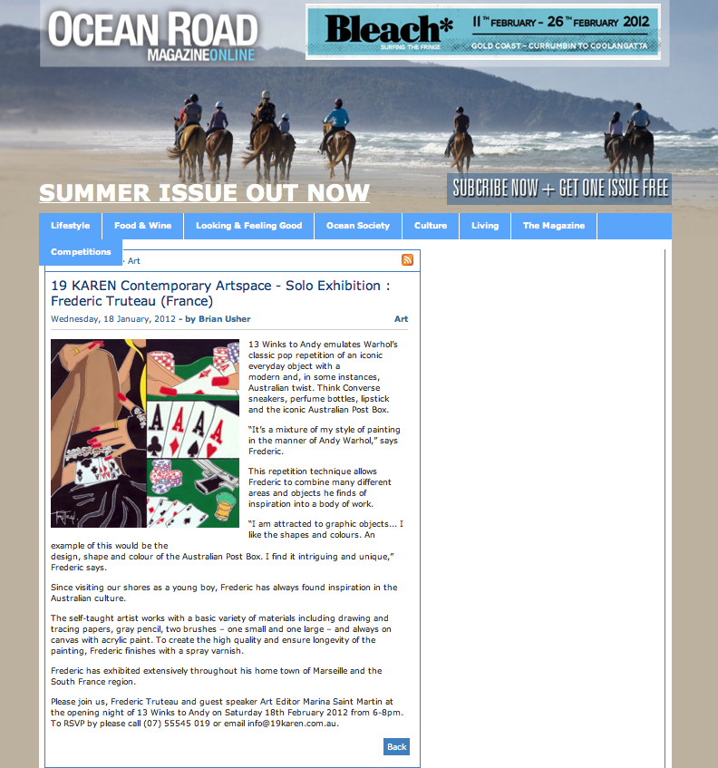 TRUTEAU (Painter): IN THE OCEAN ROAD MAGAZINE / DANS LE MAGAZINE OCEAN ROAD