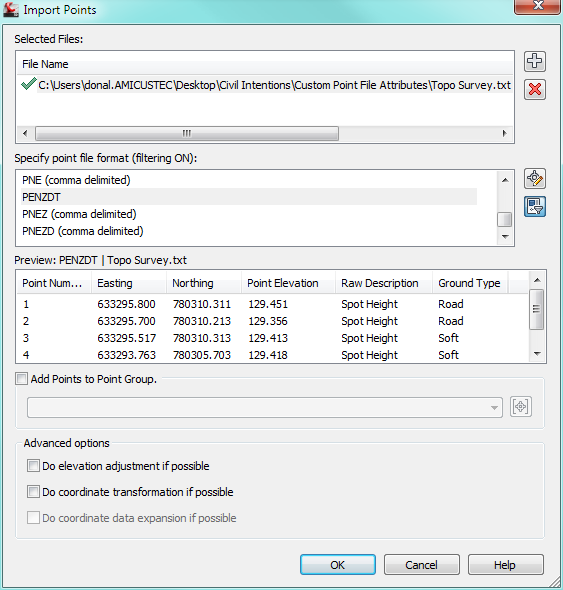 Now we can import our point file using the new point file format...