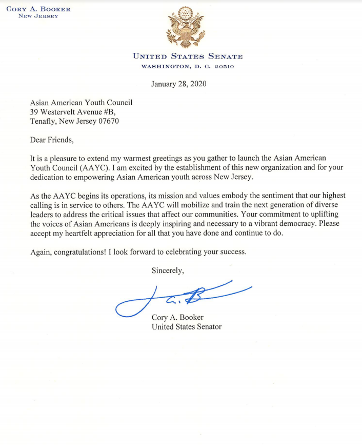 Letter from US Senator, Cory Booker | Asian American Youth Council