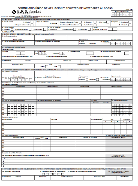 FORMULARIO ÚNICO DE AFILIACIÓN Y REGISTRO DE NOVEDADES AL SGSSS EPS ...