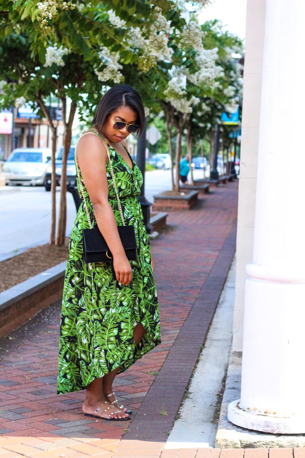 Palm Print Maxi Dress & Studded Sandals | The Savvy Singer