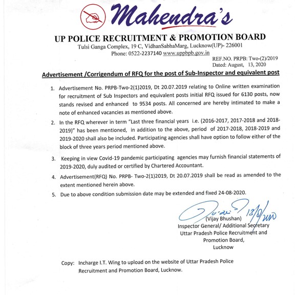 Up Police Sub Inspector And Equivalent Posts 2020 Advertisement Released