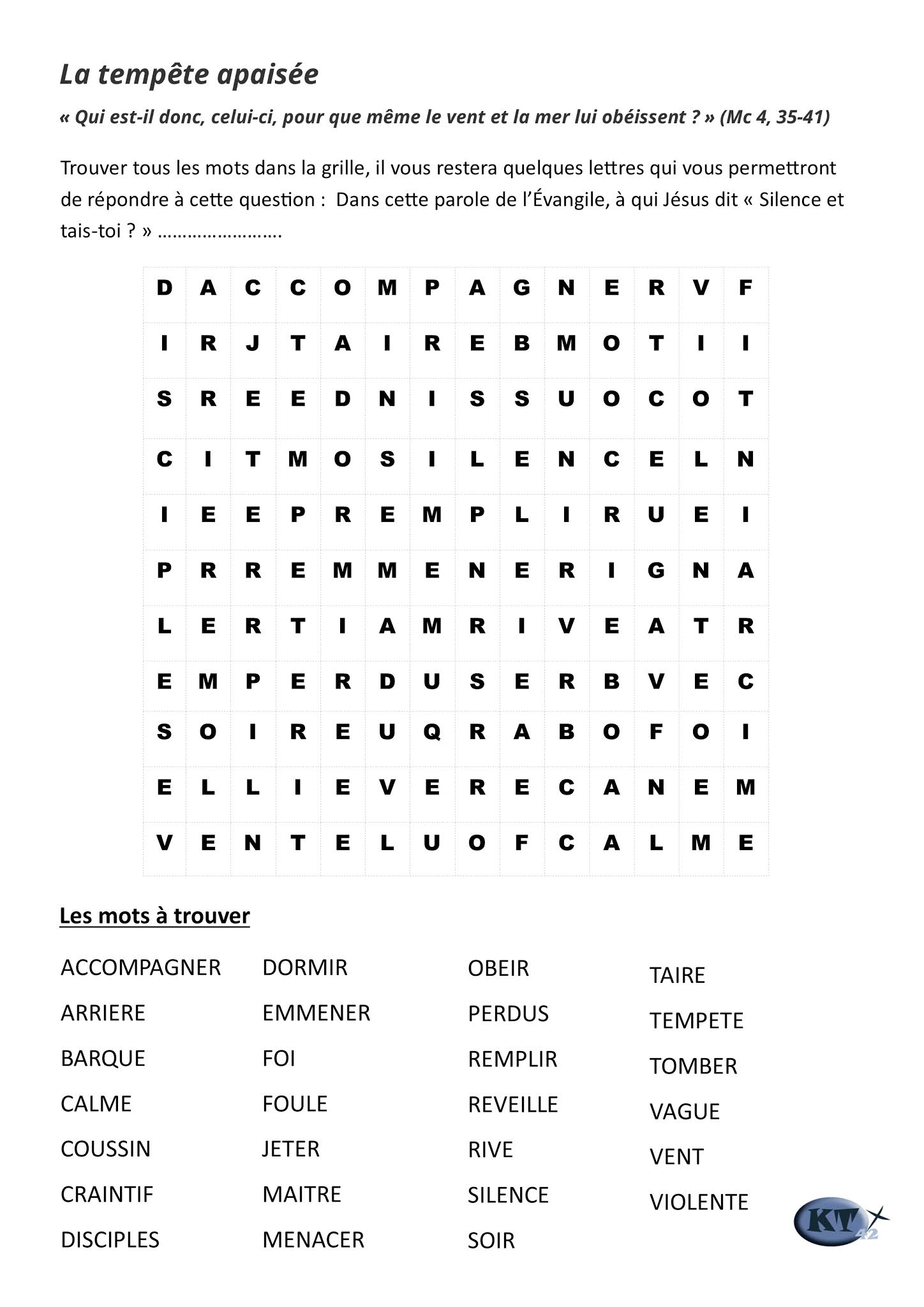 Mots cachés - la tempête apaisée selon Marc 4, 35-41
