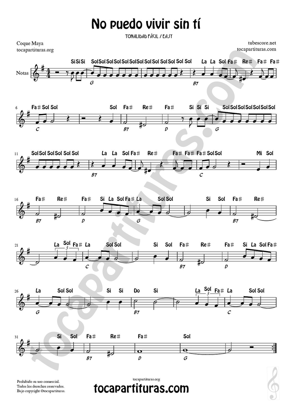 diegosax: No puedo vivir sin tí de Coque Maya Partitura con Notas ...