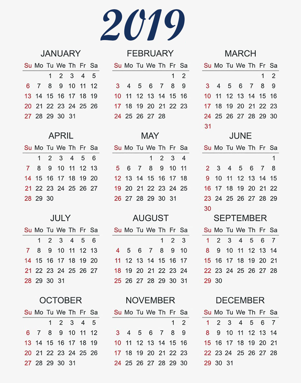 ePrintable: 2019 Calendar Printable Vertical Dark Blue Bold Character