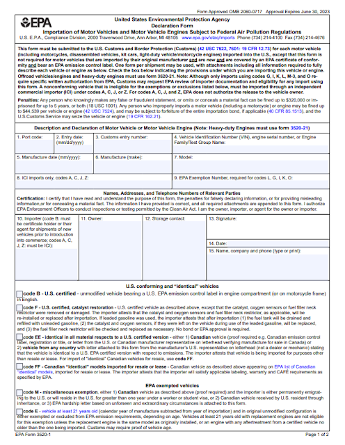 Vehicle Import and Car Importing FAQ: 3520-1 EPA Form for Importing ...