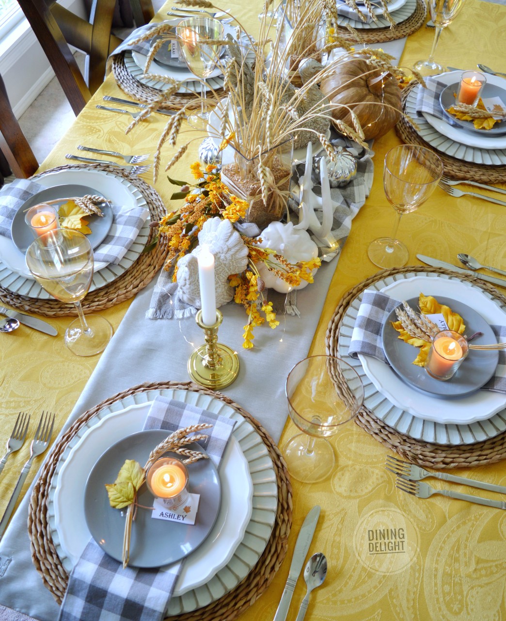 Dining Delight: Yellow & Gray Harvest Themed Thanksgiving Tablescape