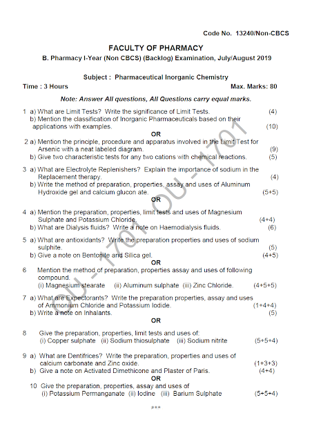 Osmania University B. Pharmacy I-Year (NON-CBCS) (Backlog) Subject ...