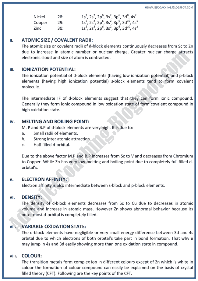 Adamjee Coaching: XII Chemistry Notes - D Block Elements