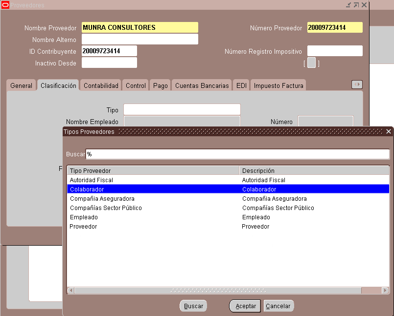 Compartiendo Tips de Oracle: Agregar un nuevo tipo de Proveedor