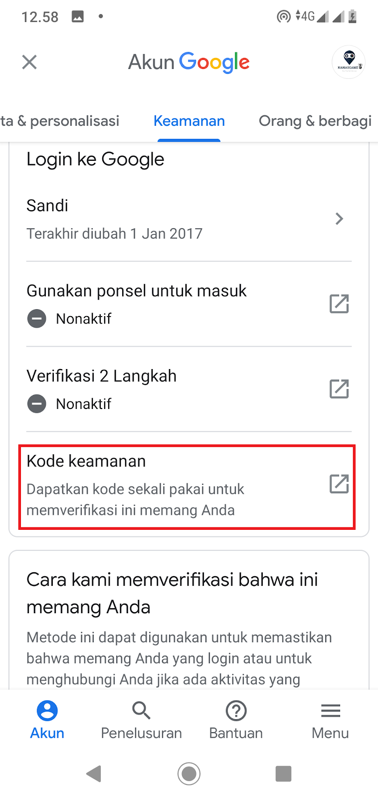 Cara Melihat Kode Keamanan (Security Code) Google by Nanasgame ~ CaraTopup
