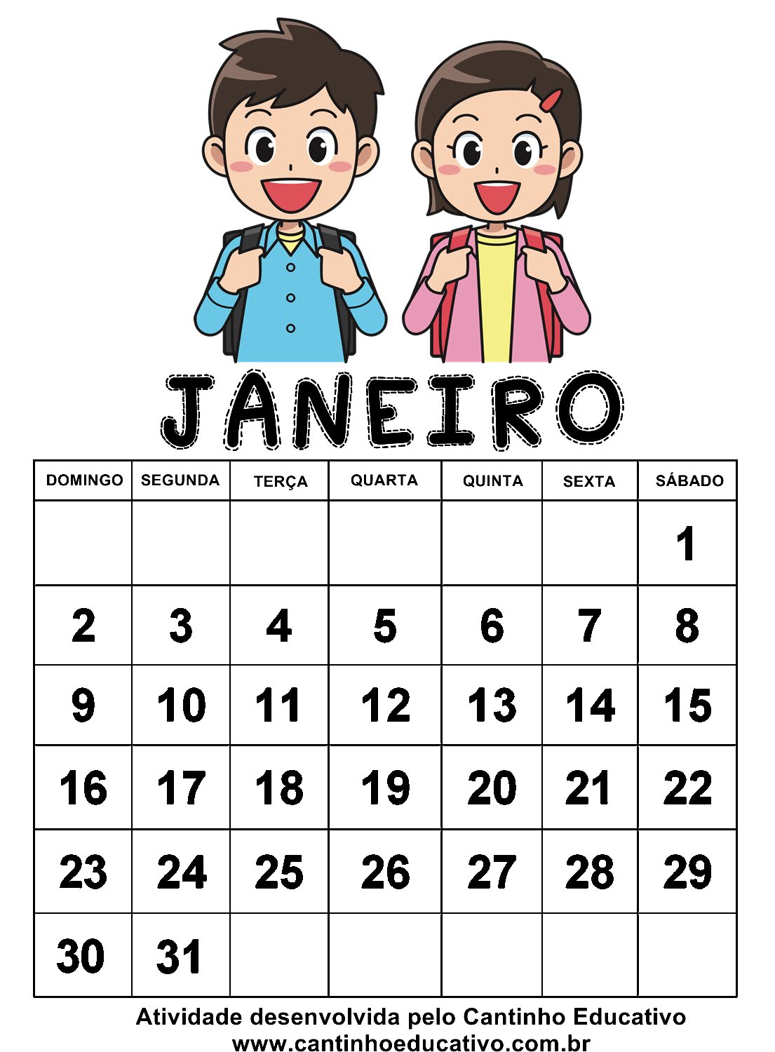 CALENDÁRIO COLORIDO 2022 - JANEIRO - CANTINHO EDUCATIVO