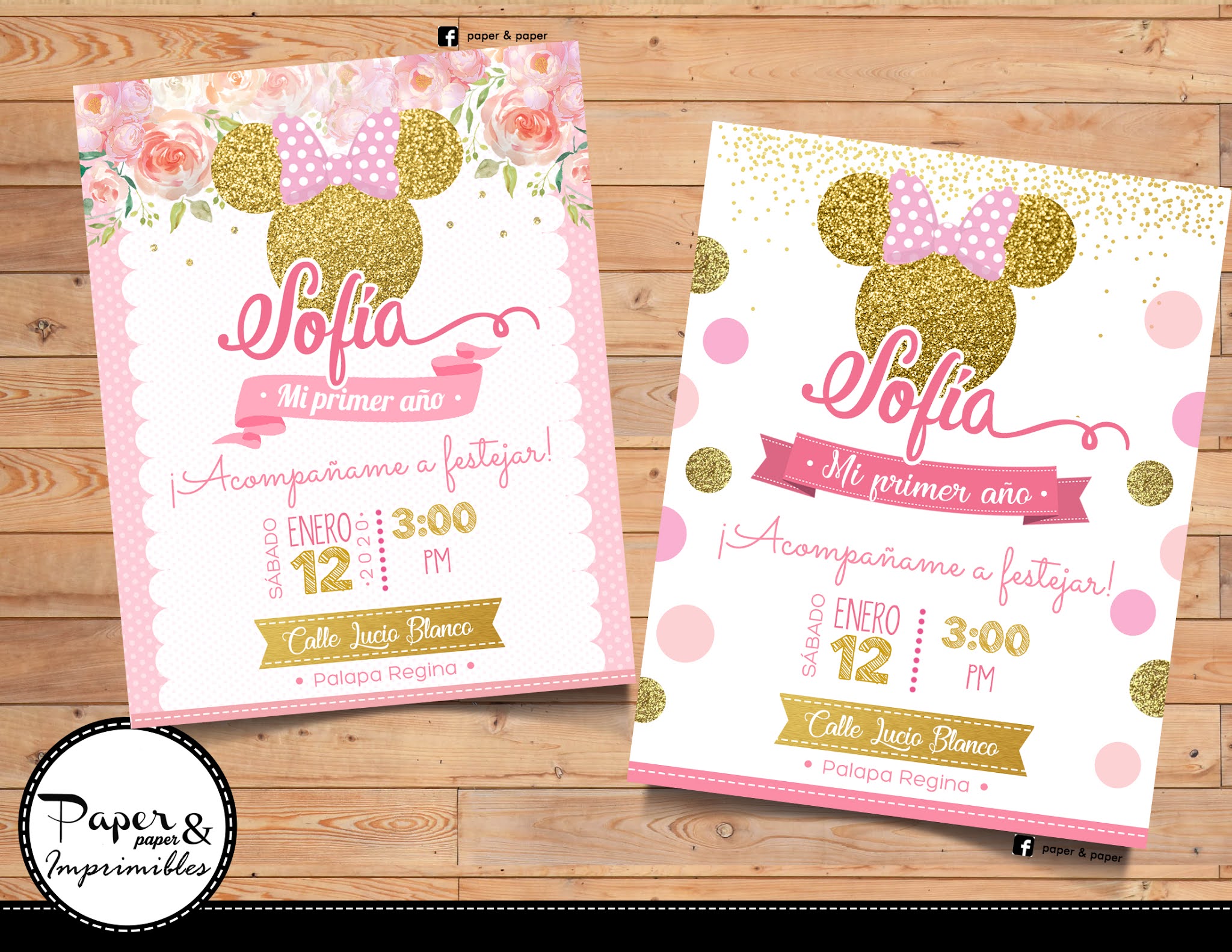 Invitacion Minnie Gold- Minnie Rosa y Dorado