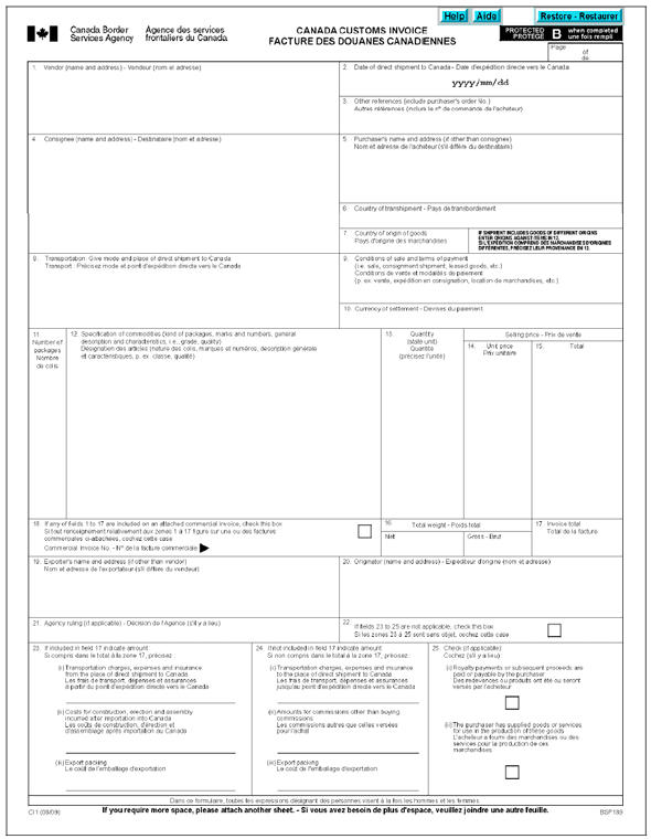Blank Canada Customs Invoice - Invoice Template