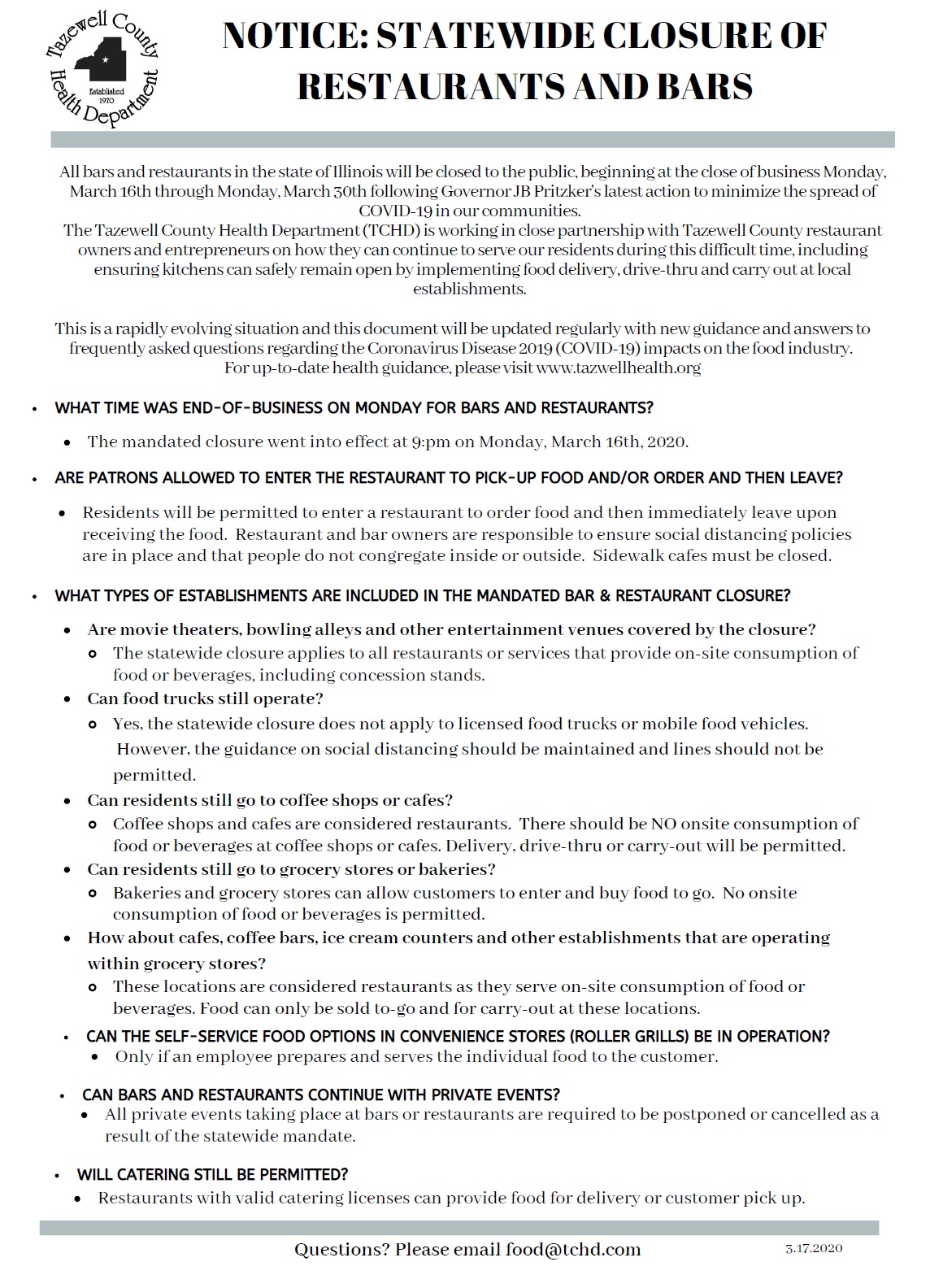 Notice: Statewide Closure of Restaurants and Bars