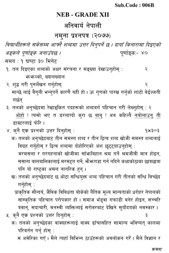 NEB Grade 12 Compulsory Nepali Model Question -Set 2