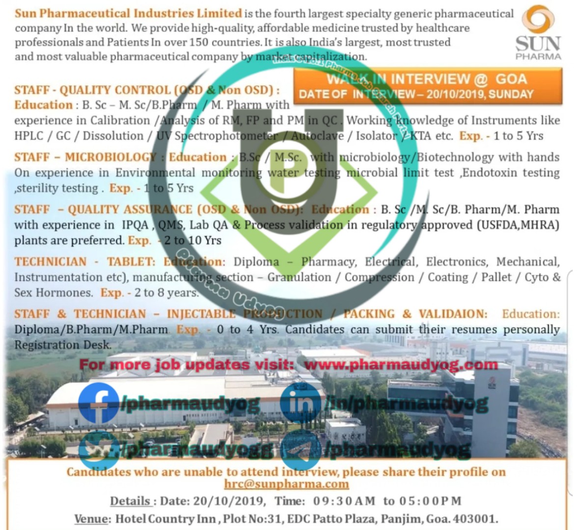 Sun Pharma | Walk-in interview at Goa for freshers and experienced on ...
