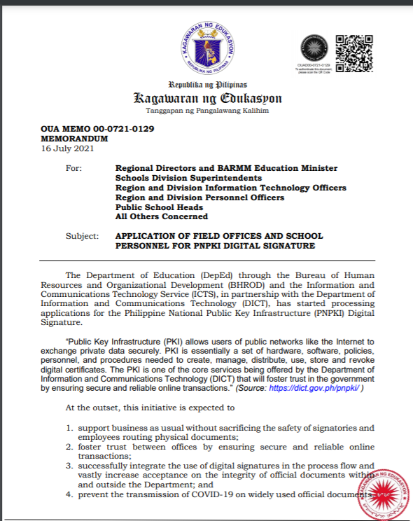 DEPED | APPLICATION OF FIELD OFFICES PERSONNEL FOR PNPKI DIGITAL SIGNATURE