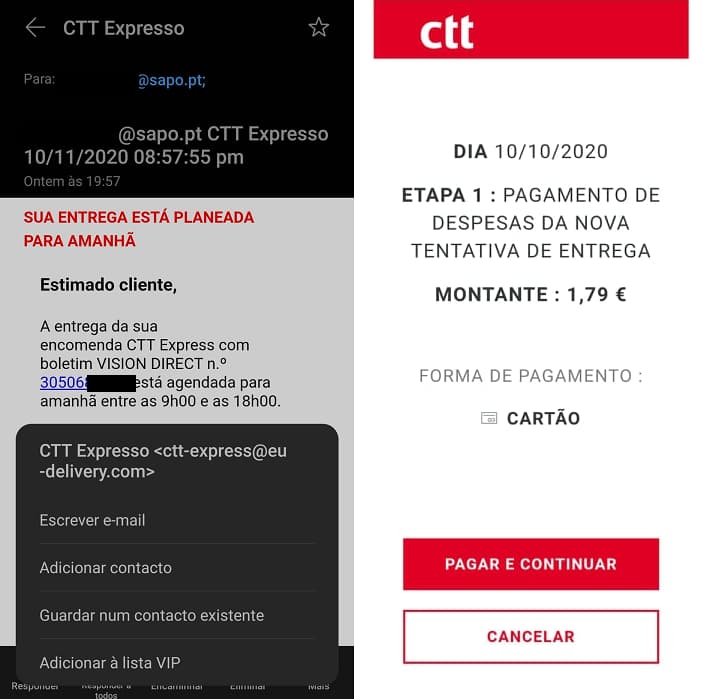 SMS fraudulento em nome dos CTT | Aberto até de Madrugada