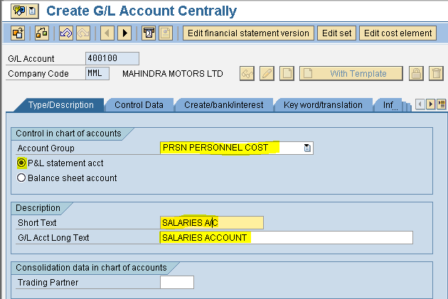 SAP - FICO MODULE LEARNING: Creation of GL Masters (Salaries, Rent and ...