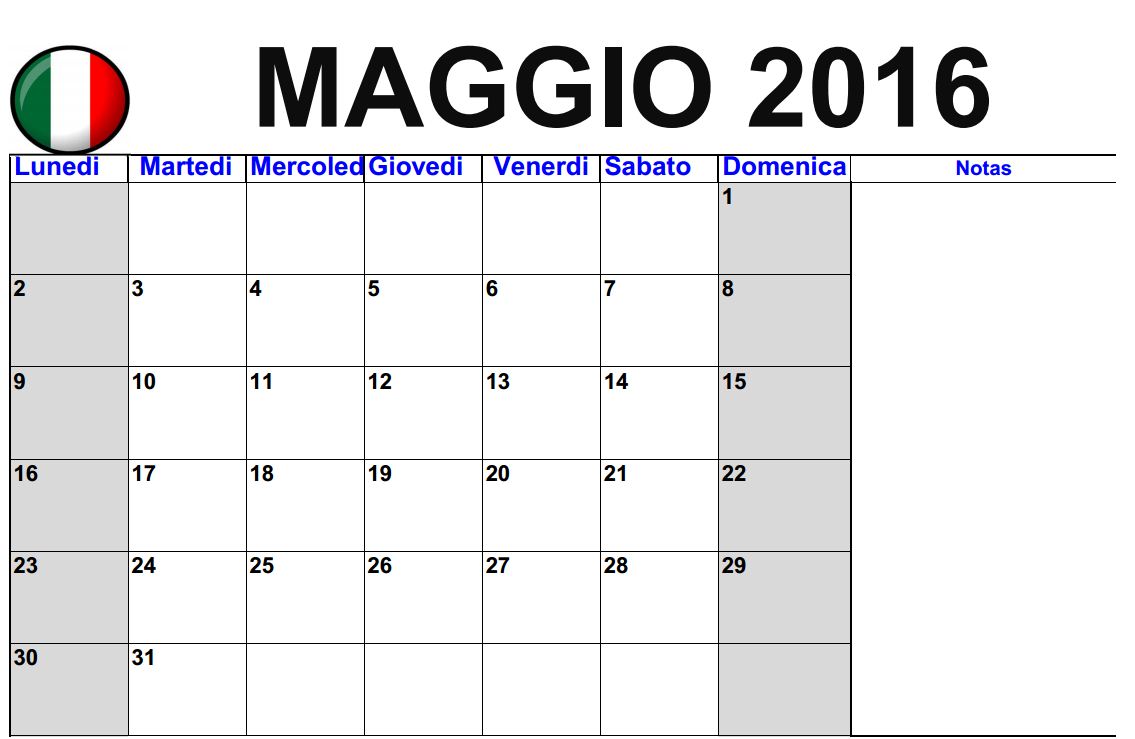Calendario May 2016 da stampare - Italiano | 2016 Blank Calendar ...