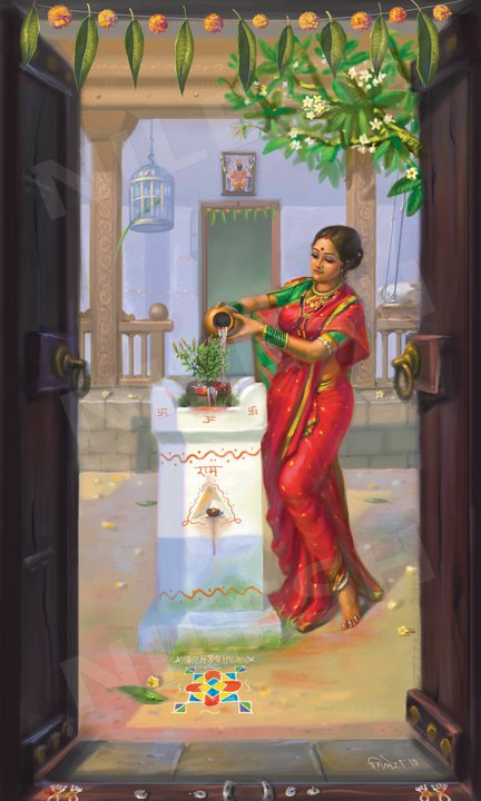 Tulasi goddess devotion. | Indian art paintings, India art, Hindu art