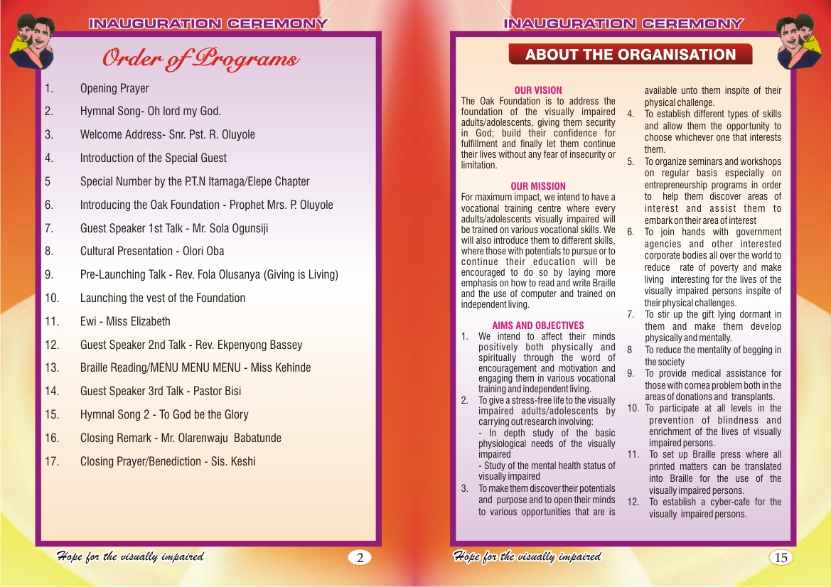 THE OAK FOUNDATION: COVER PAGE OF INAUGURATION PROGRAM