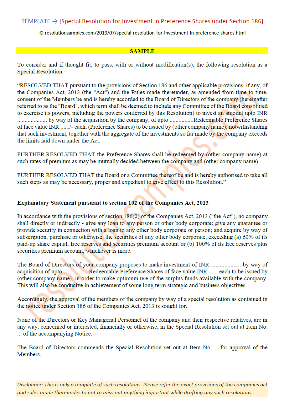 Special Resolution investment in Preference Shares section 186