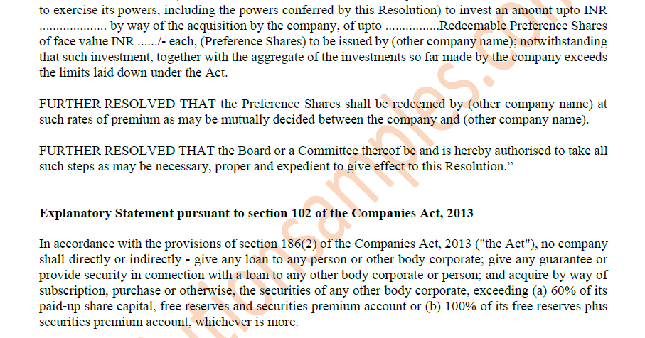 Special Resolution investment in Preference Shares section 186
