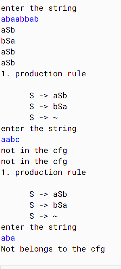 CFG java programming S->aSb | bSa | epsilon | equal number of a's and b's CFG java programming S->aSb | bSa | epsilon | equal number of a's and b's