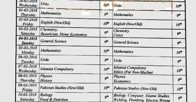 Date Sheet 2018 Quetta Balochistan BISE 9th &10th (SSC) | Education ...