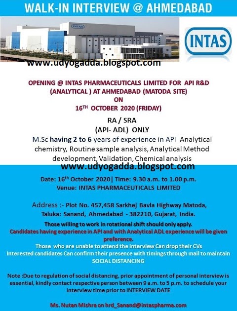 UDYOG ADDA: Intas Pharmaceuticals Limited - Walk-In Interviews on 16th October 2020 @ Ahmedabad