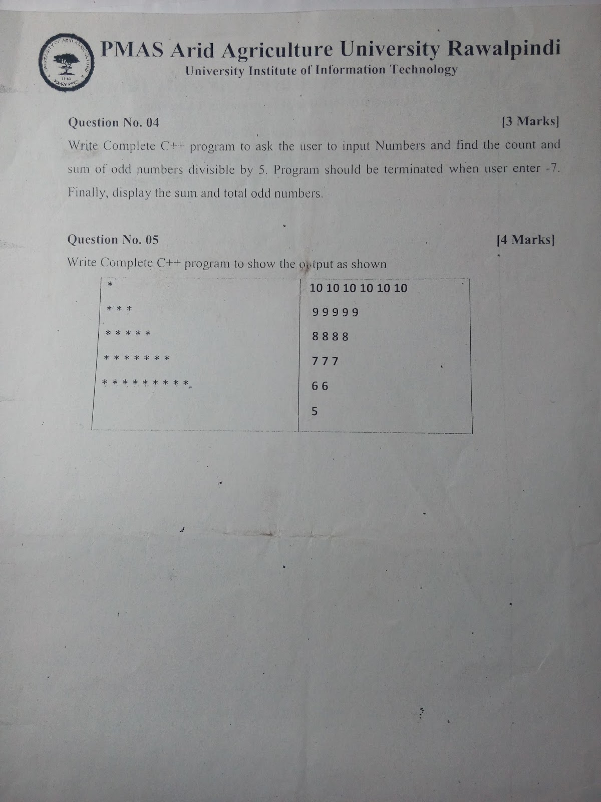 MIT/MCS/BS(CS), BS(IT) OLD PAPERS: Programming Fundamentals