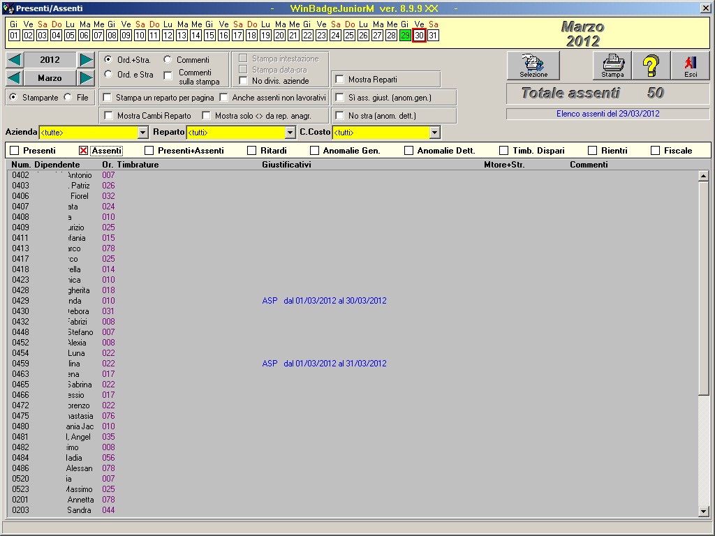 Software gestione presenze, export presenti/assenti