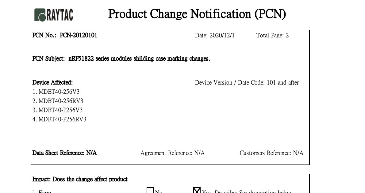 Nordic Bluetooth & WiFi Module: Raytac Product Change Notice (PCN ...