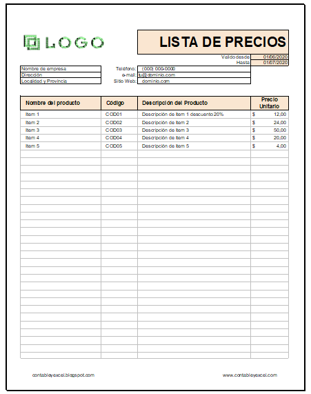 Excel: Cursos y Plantillas Contables: Plantilla de Lista de Precios