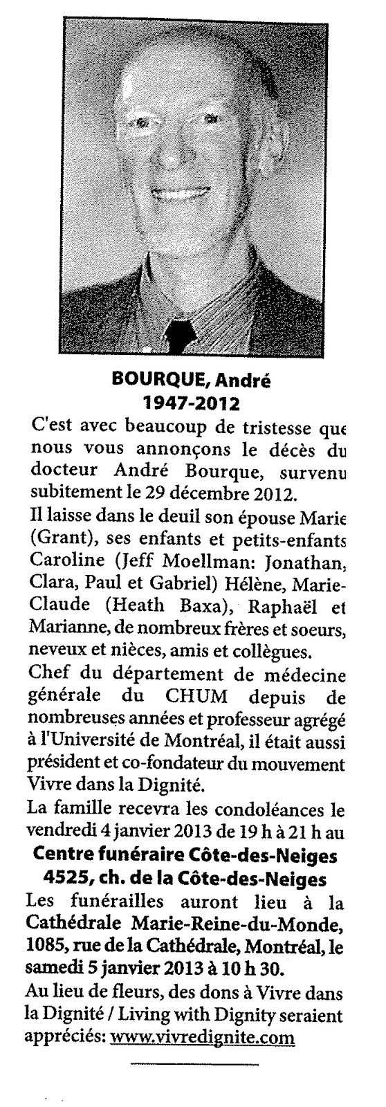 Avis de décès du Dr André Bourque – Vivre dans la Dignité