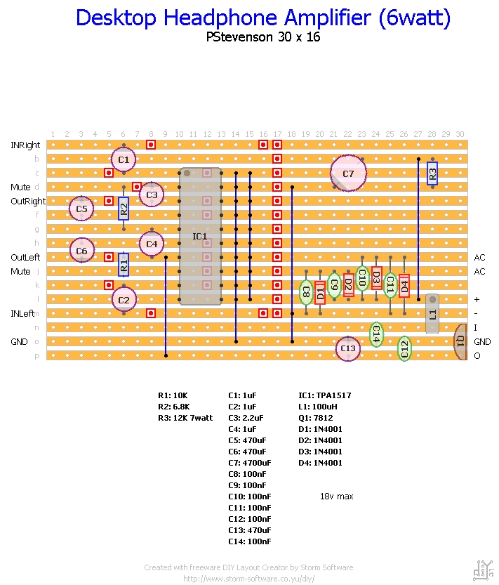 Paul In The Lab: 6 watt desktop amplifier stripboard veroboard layout