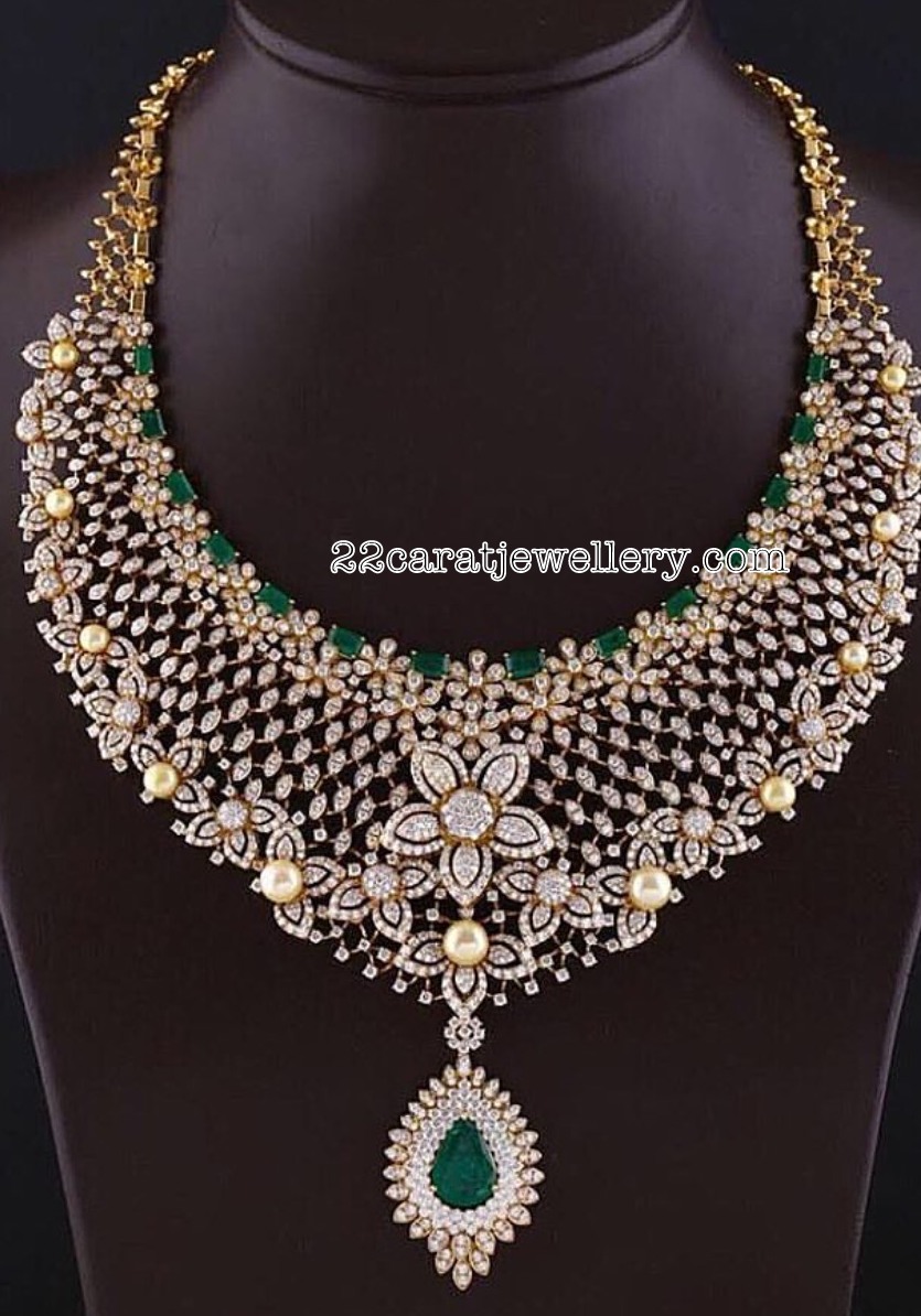 South Pearls Studded Grand Diamond Sets - Jewellery Designs