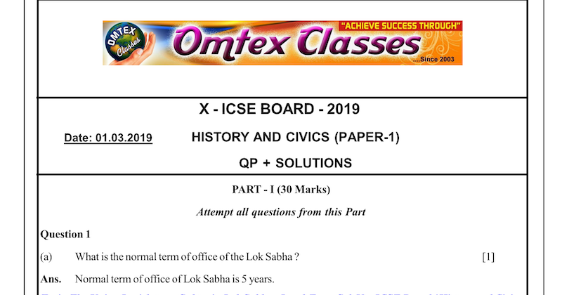 OMTEX CLASSES: X_ICSE Board_Official_History & Civics (Paper-1 ...
