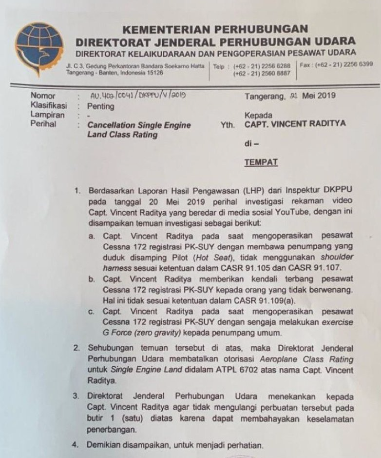 3 Alasan Kemenhub Cabut Izin Terbang Single Engine Capt Vincent Raditya