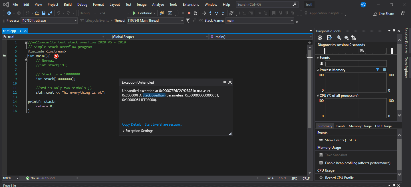 Simple Stack Overflow Program in C++ VS 2019
