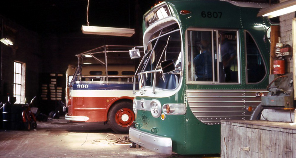Just A Car Guy: nice photo in the bus garage in 1959