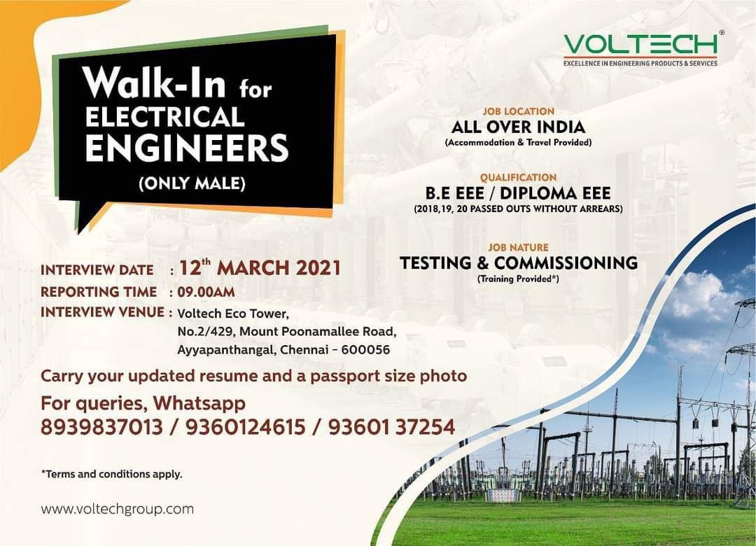 JOB ALERTS HUB: VOLTECH - Walk-In Interviews for Electrical Engineers ...